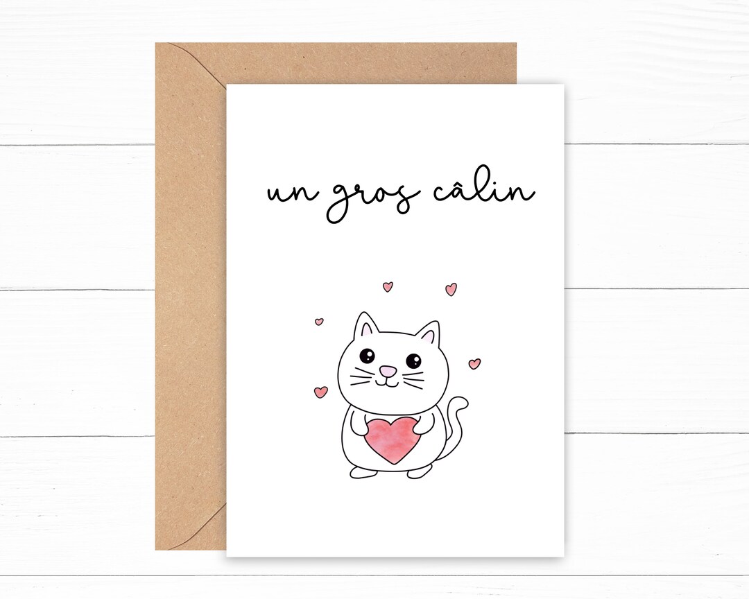 Un gros câlin - French A big hug card A5 - cat/chat - can be ...