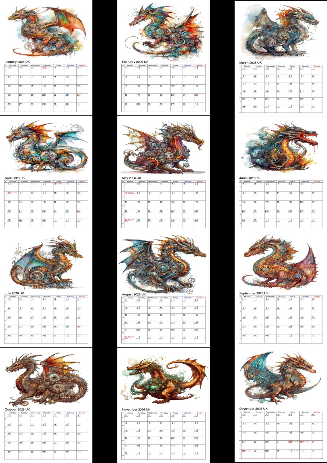 2026 Steampunk Dragon A4 Calendar Mechanical Fantasy Wall Calendar ...