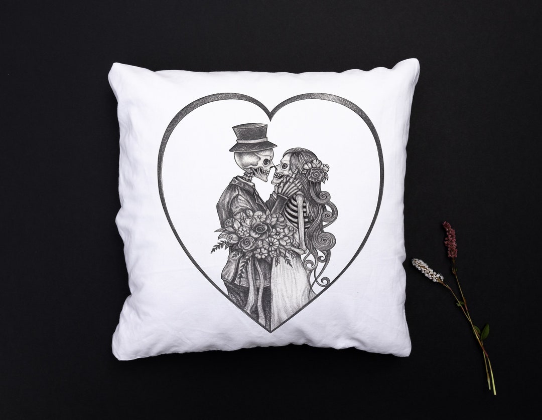 Gothic Horror Black & White Skeleton Bride Groom in Heart Cushion ...