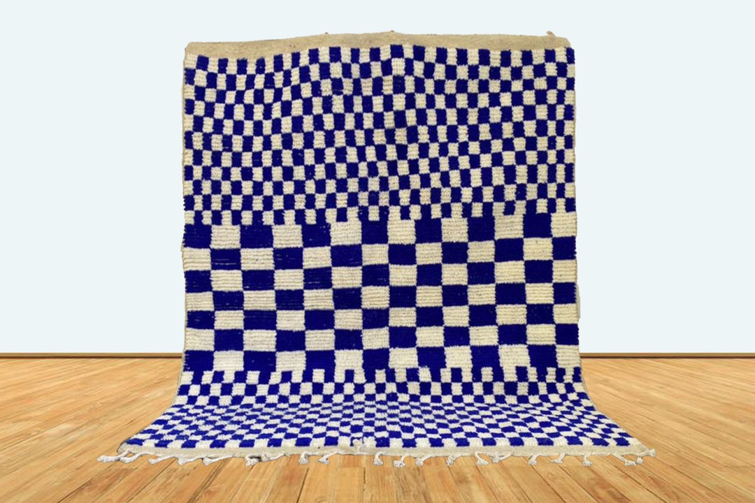 Blue and White Checkered Area Rug, Moroccan Berber Area Rug. - Etsy