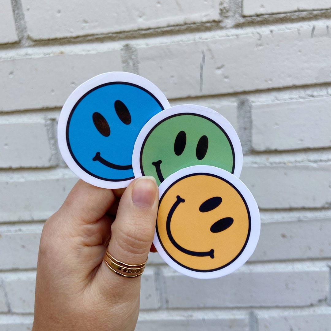 Smiley Face Sticker // Cute Retro Multi Colored // Blue, Green, Yellow ...
