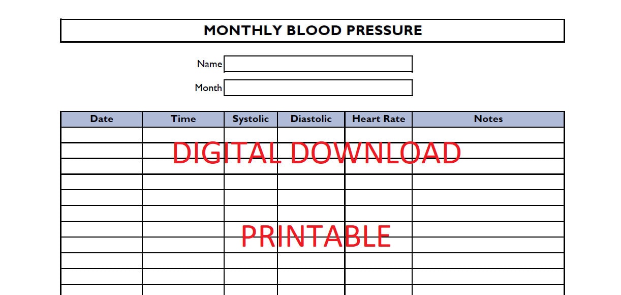 PRINTABLE - Monthly Blood Pressure Chart - Blood Pressure - Systolic ...
