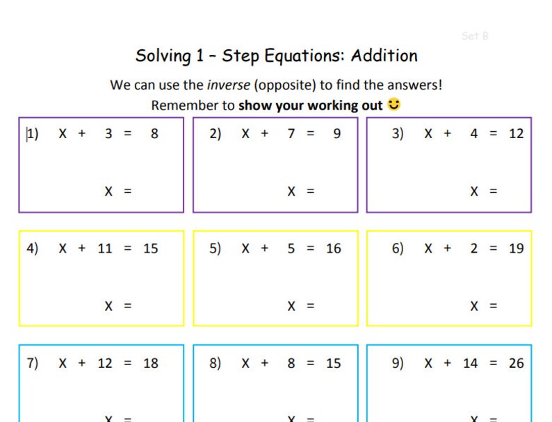 Algebra Maths Worksheets 2x Digital Solve 1 Step Linear Equations ...