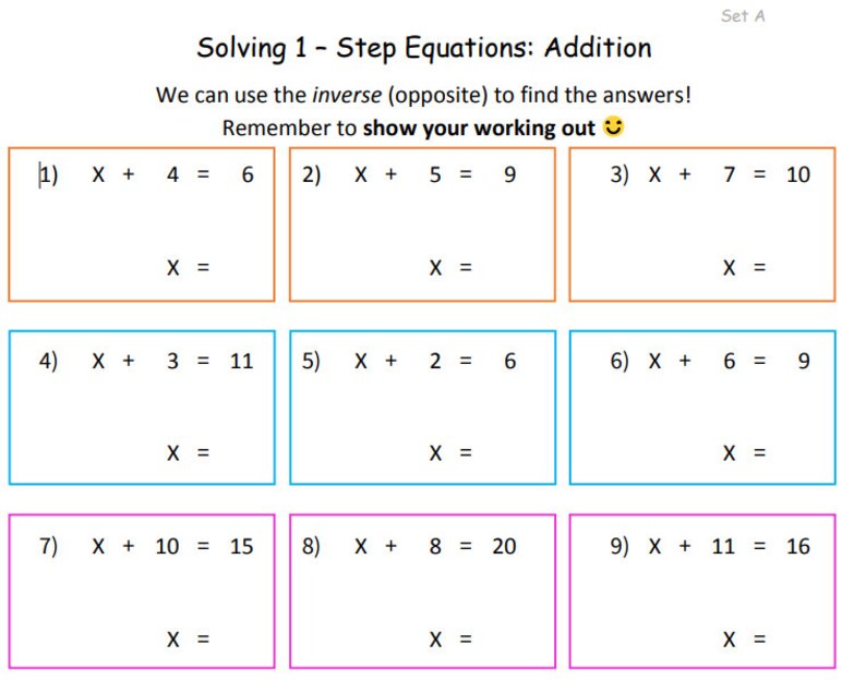 Algebra Maths Worksheets 2x Digital Solve 1 Step Linear Equations ...