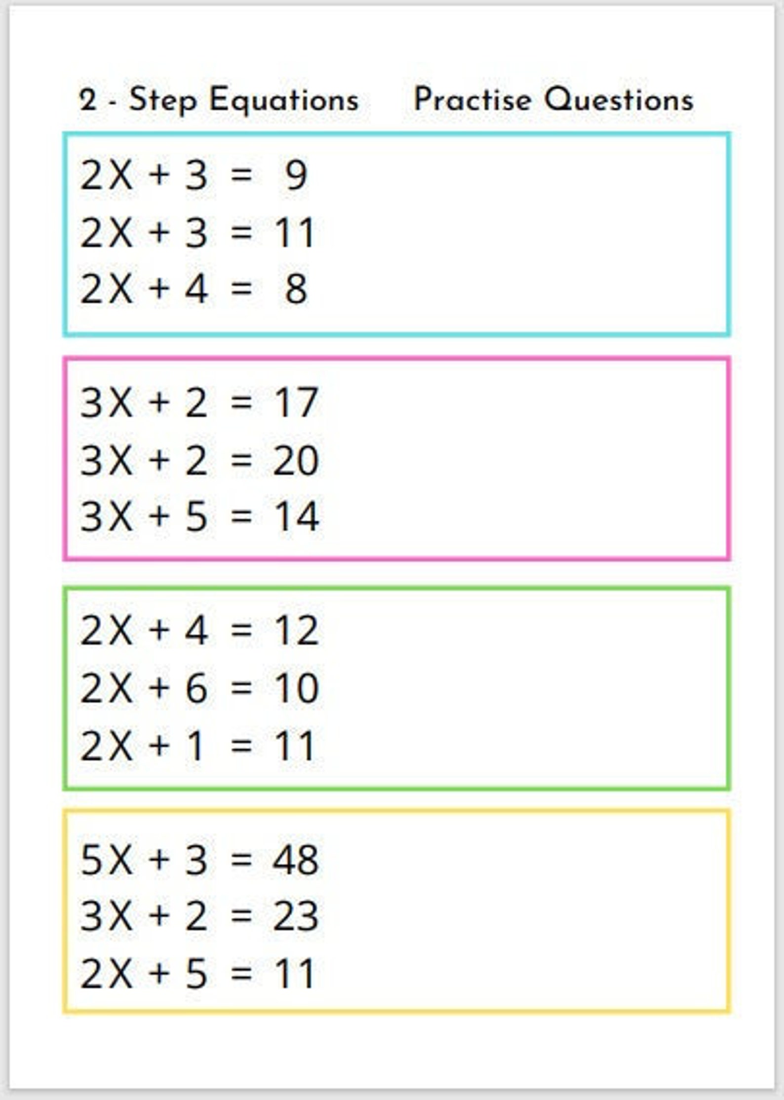 Maths Worksheet 2 Step Linear Equations Practise Questions And Answers