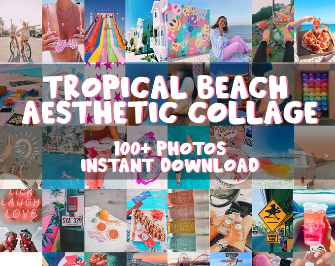 100 TROPICAL BEACH COLLAGE Kit, Rainbow Dorm Decor Teen Bedroom Wall ...