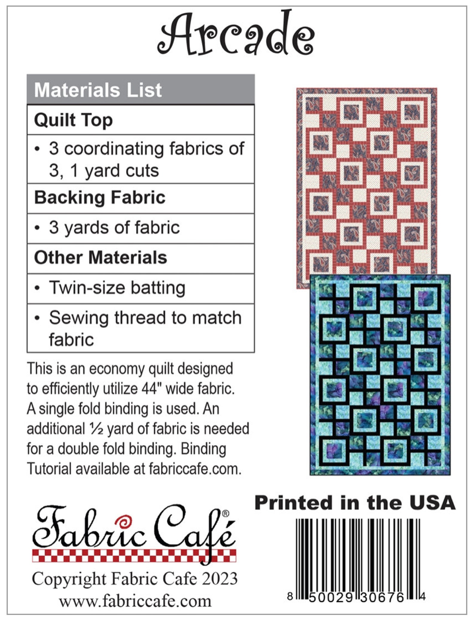 Fabric Cafe Arcade Pattern 3 Yard Quilt Pattern - Arcade Pattern ...