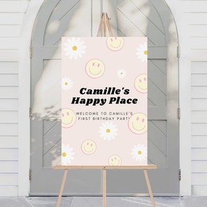 Smiley Face Theme Kids Birthday Happy Place Welcome Sign - 18x24 ...
