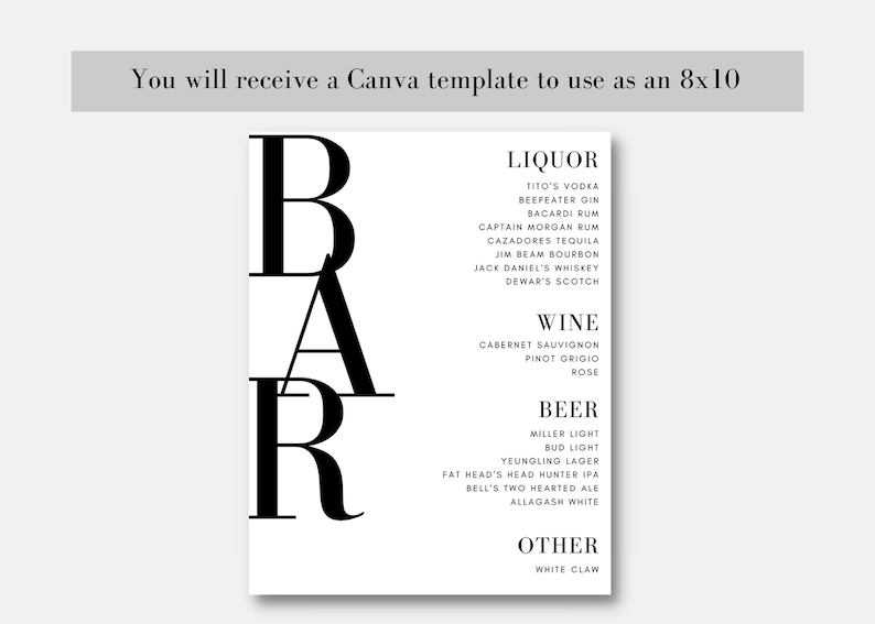 Modern Bar Menu for Wedding 8x10 Canva Template - Etsy