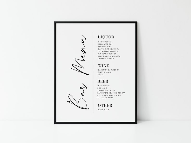 Bar Menu for Wedding 8x10 Canva Template Printable | Etsy