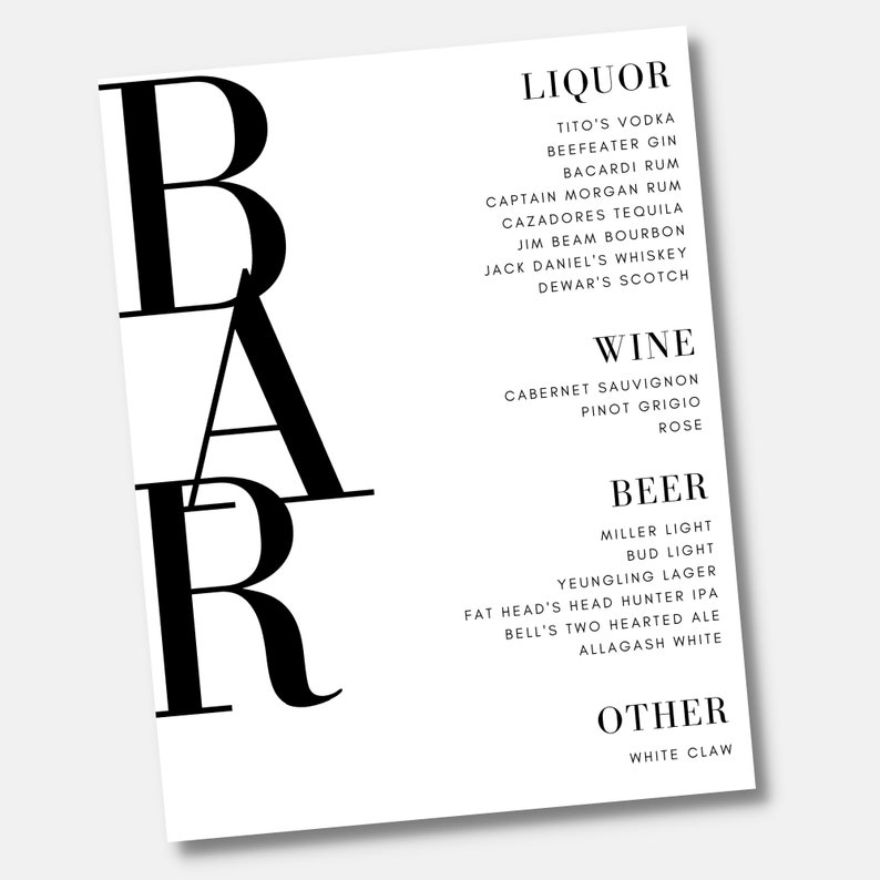 Modern Bar Menu for Wedding 8x10 Canva Template - Etsy