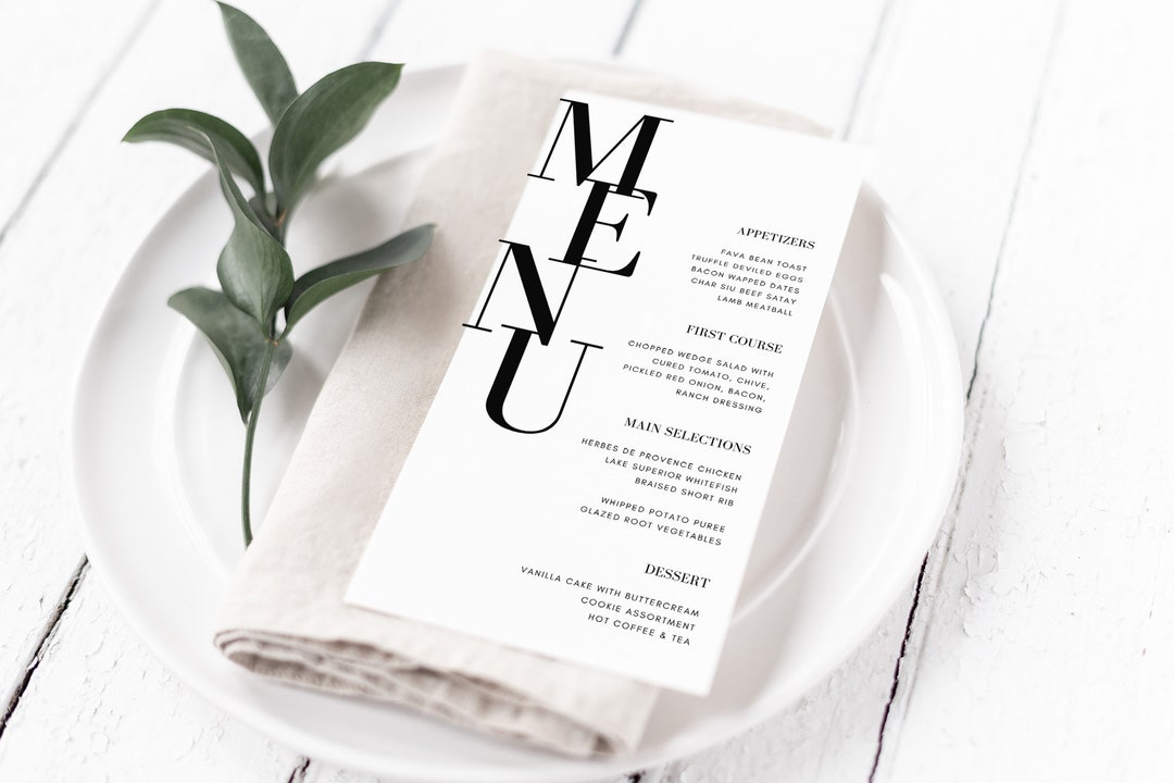 Modern Menu for Wedding Place Setting at Reception - Printable 4x8 ...