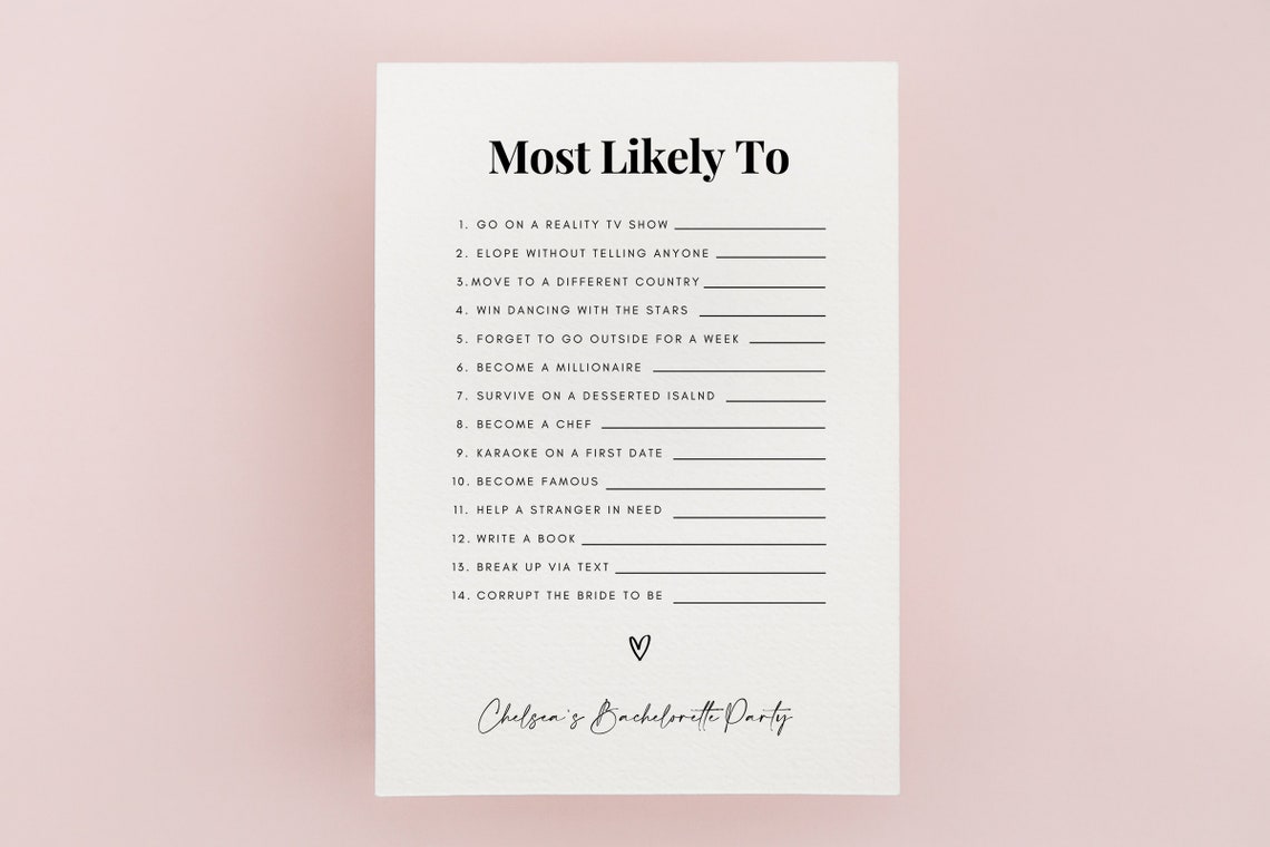 Most Likely to Bachelorette Party Game - Girls Night - 5x7 Printable ...