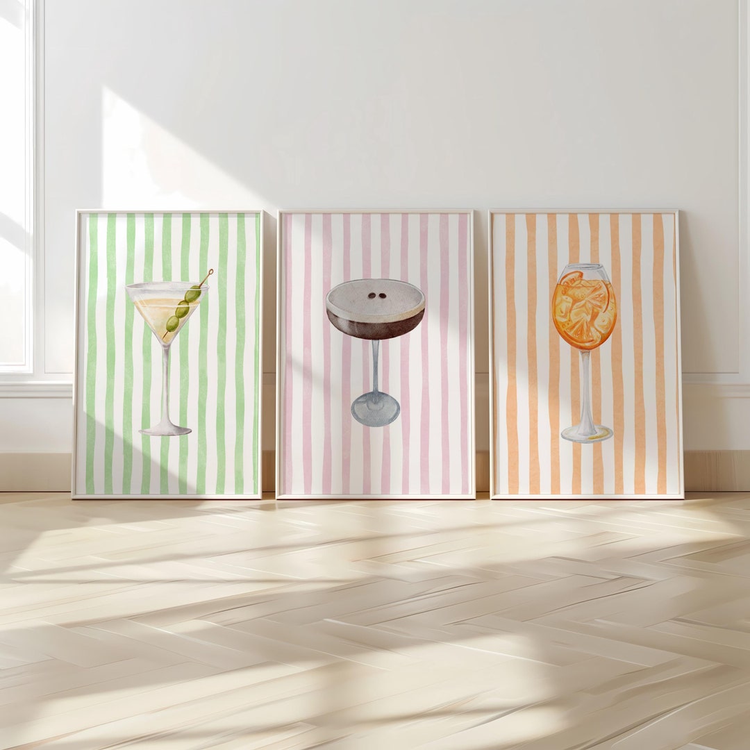 Set of 3 Pink Cocktail Prints, Digital Print, Pink, Wall Art Bar, Retro ...
