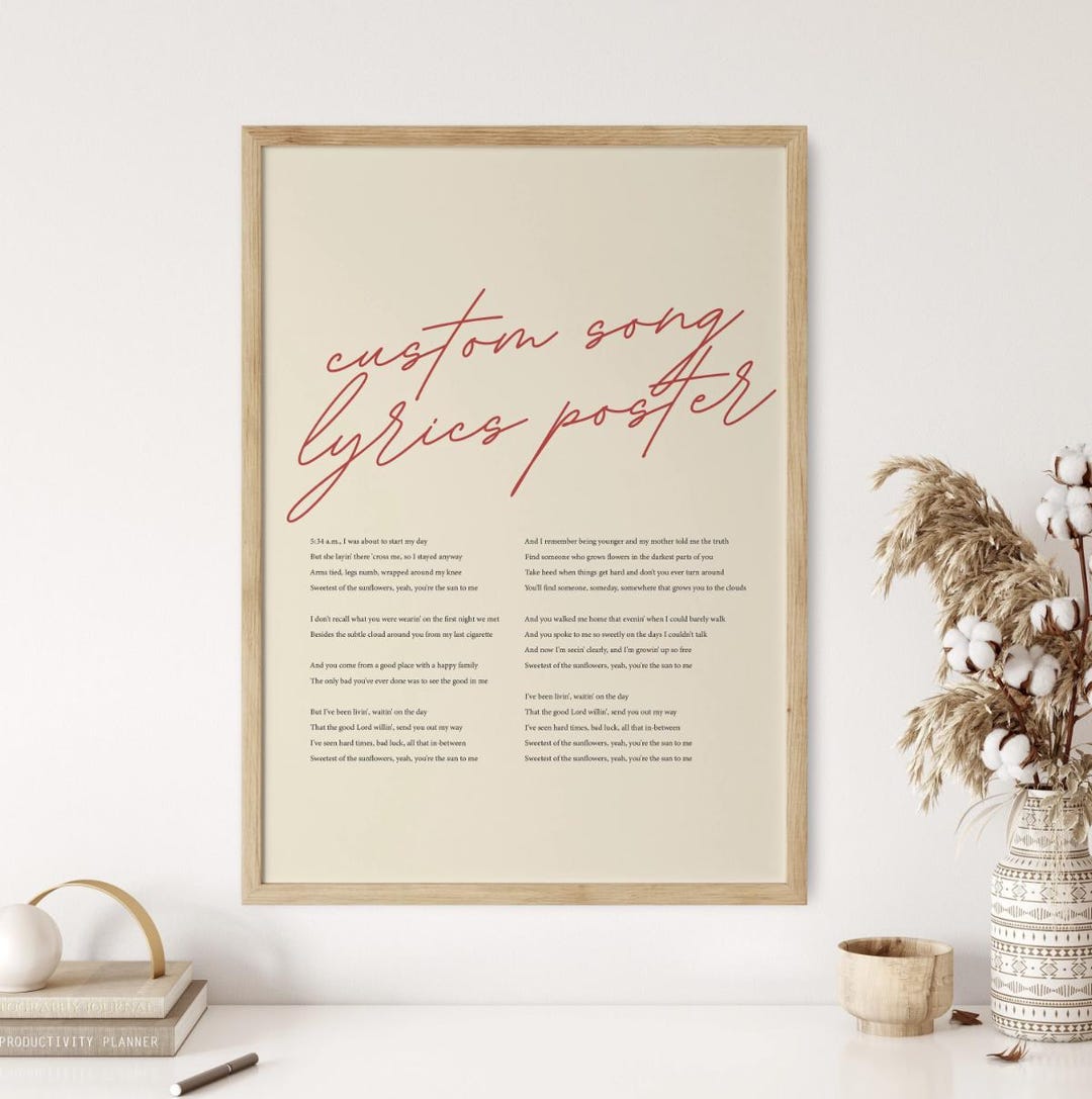 Custom Song Lyrics Wall Art, Personalised Music Poster, Customizable ...