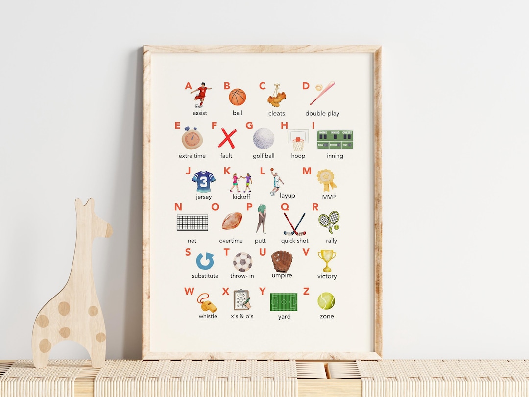 Sports ABC Nursery Print, Watercolor Alphabet Learning Poster, Kids ...
