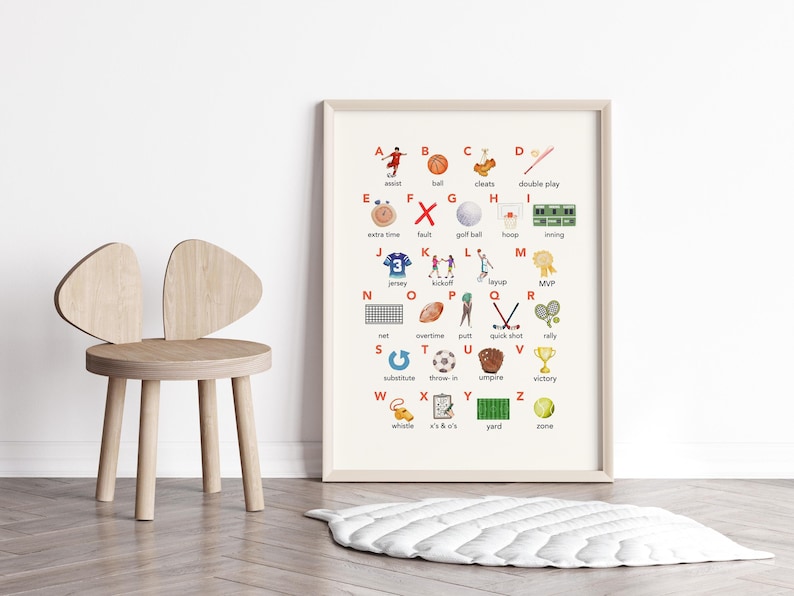 Sports ABC Nursery Print, Watercolor Alphabet Learning Poster, Kids ...