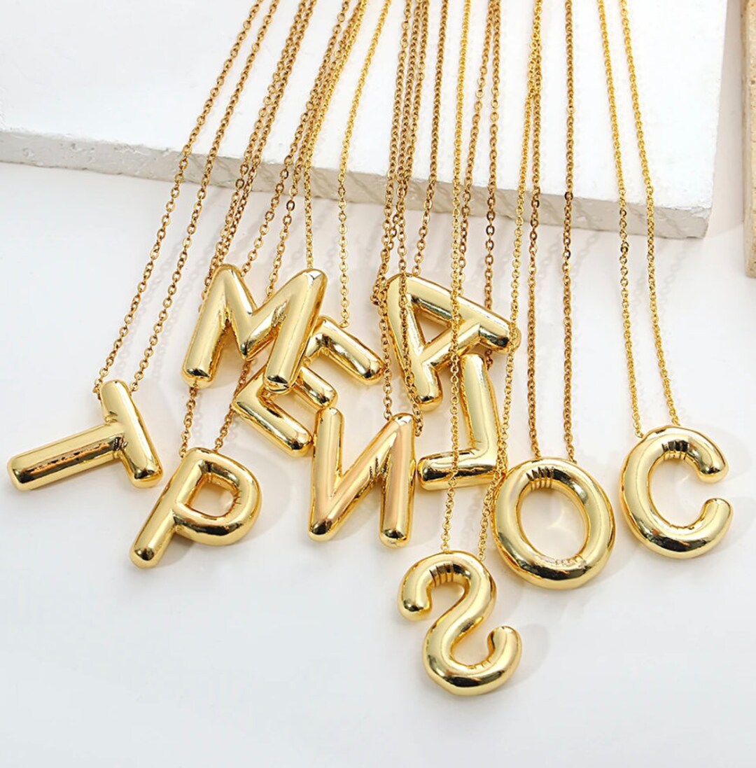 Gold Bubble Letter Necklace, Balloon Alphabet Pendant, Initial Necklace ...