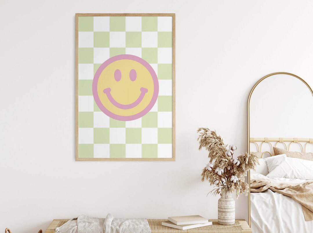 Smiley Face Print, Pastel Prints, Retro Poster, Checkered Decor, Happy ...