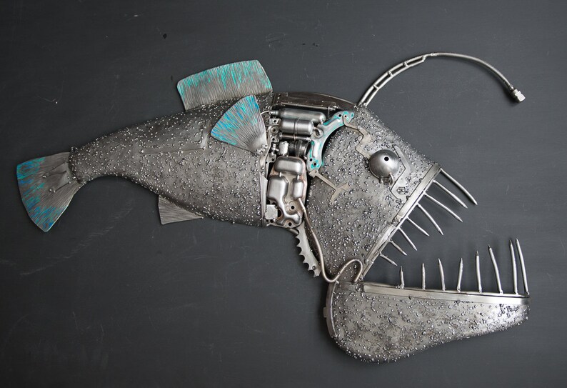 Steampunk Anglerfish Metal Sculpture – 3D Volumetric Fish Panel ...