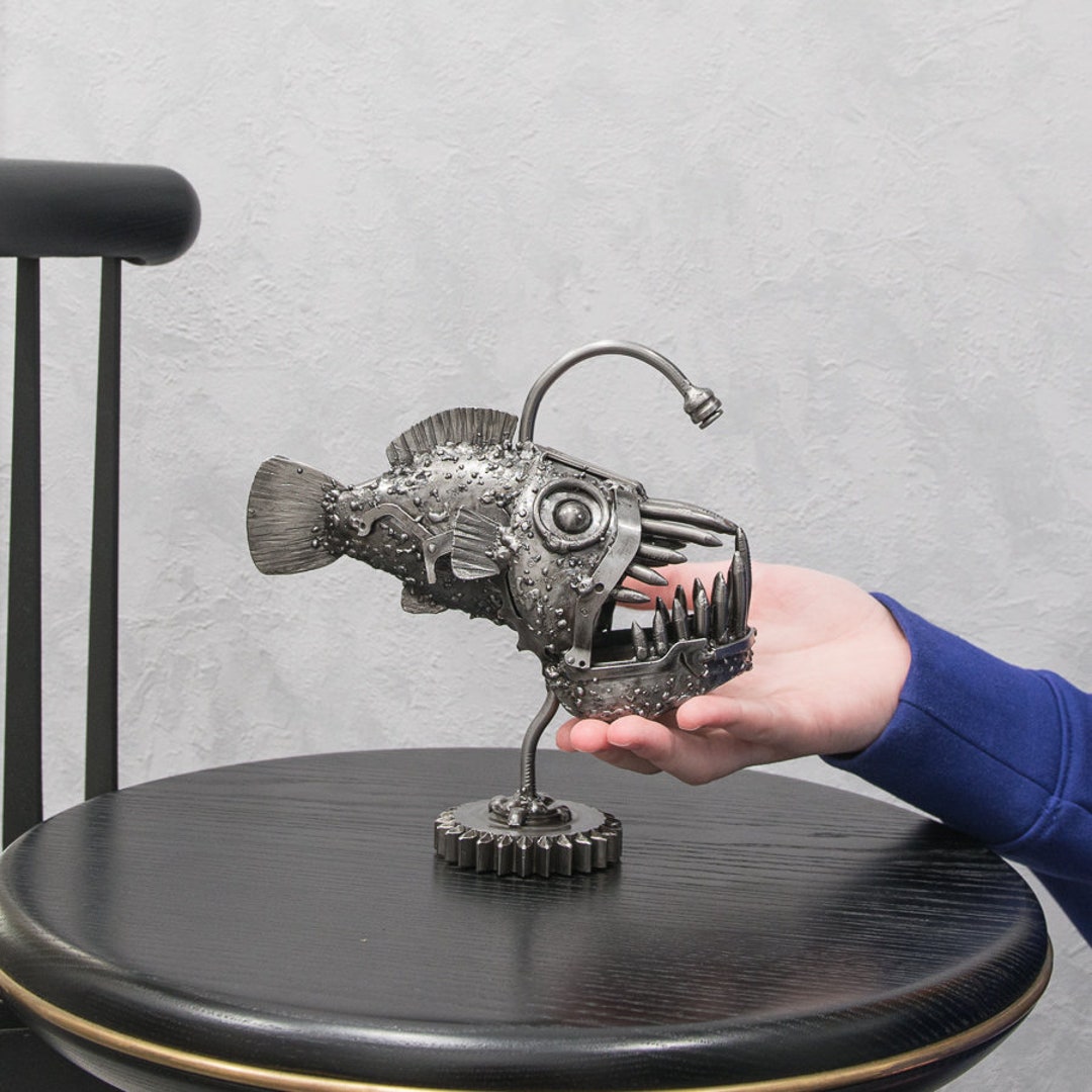 Small Anglerfish Metal Art Handmade Deep Sea Fish Figurine, Steampunk ...