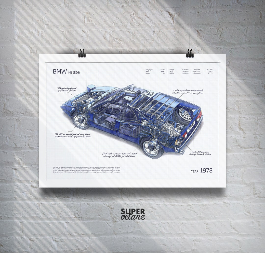 BMW M1 E26 1978 Infographic Cutaway Poster Print Technical Drawing ...