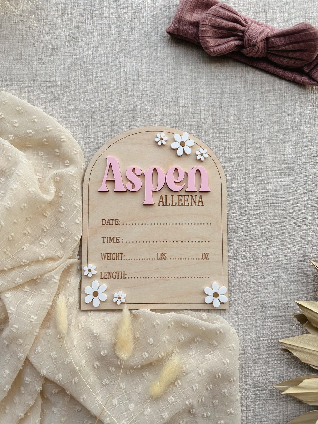 Daisy Flower Birth Sign Baby Birth Announcement Arched Wooden Birth ...