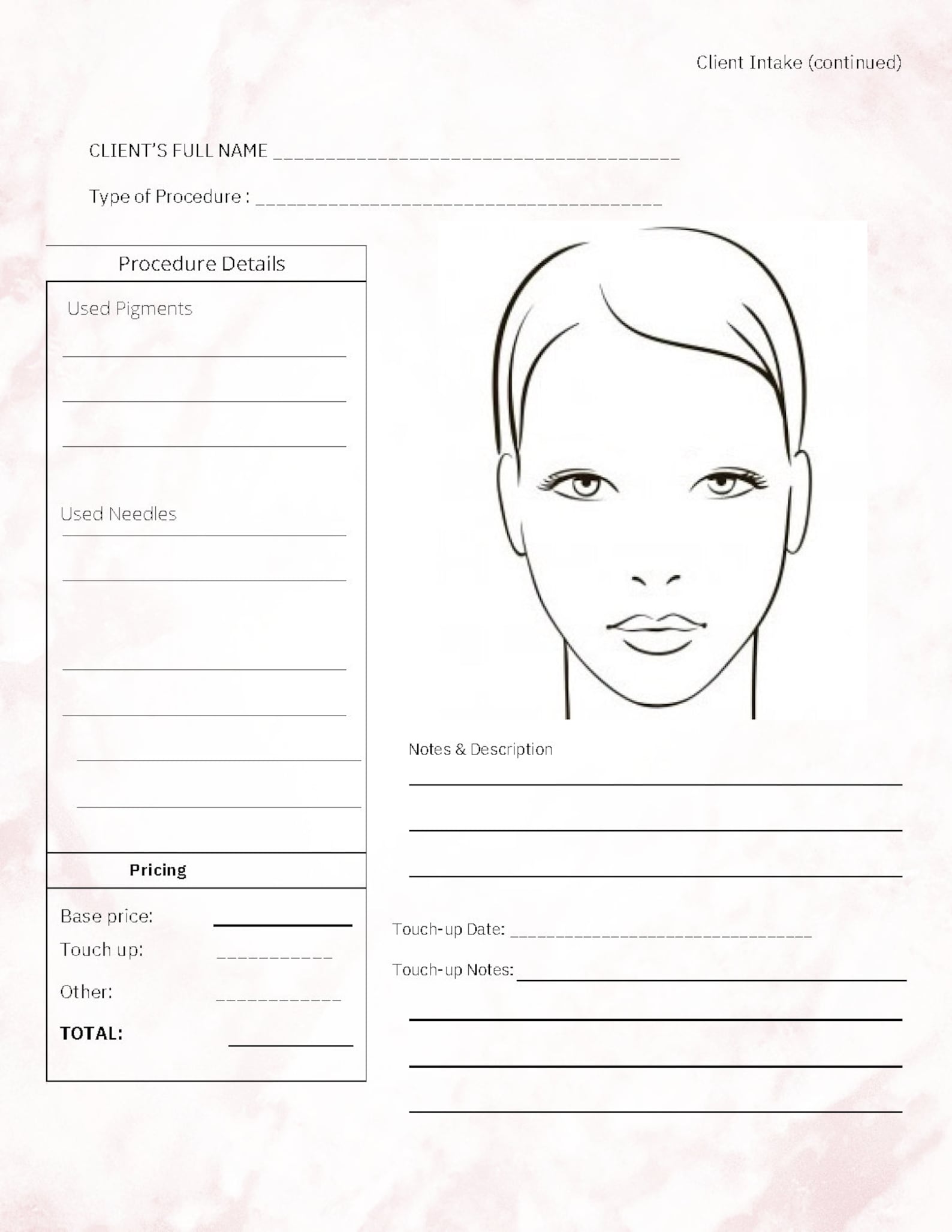 PMU Client Intake Form Permanent Makeup Client Record Information ...