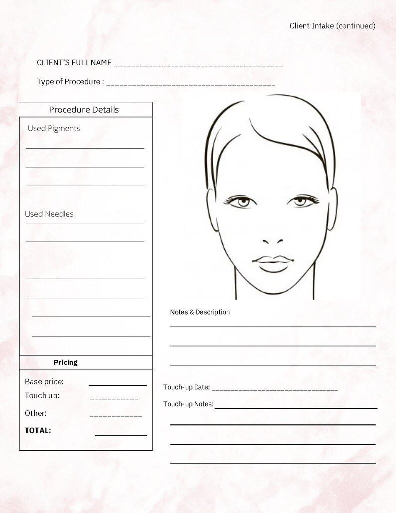 PMU Client Intake Form Permanent Makeup Client Record Information ...