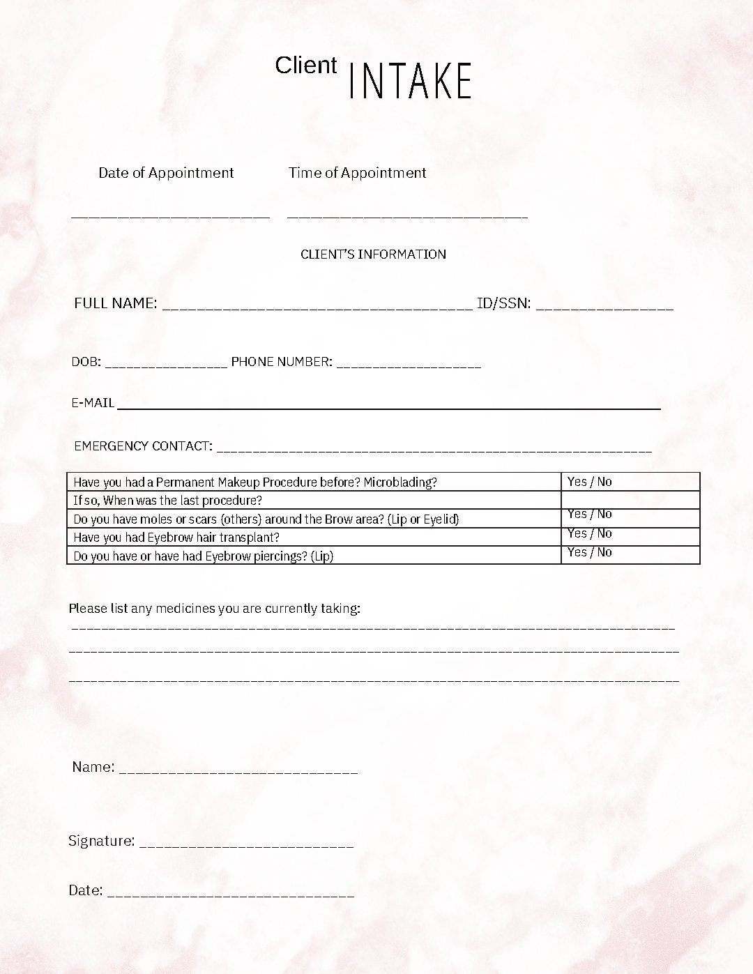 PMU Client Intake Form Permanent Makeup Client Record Information ...