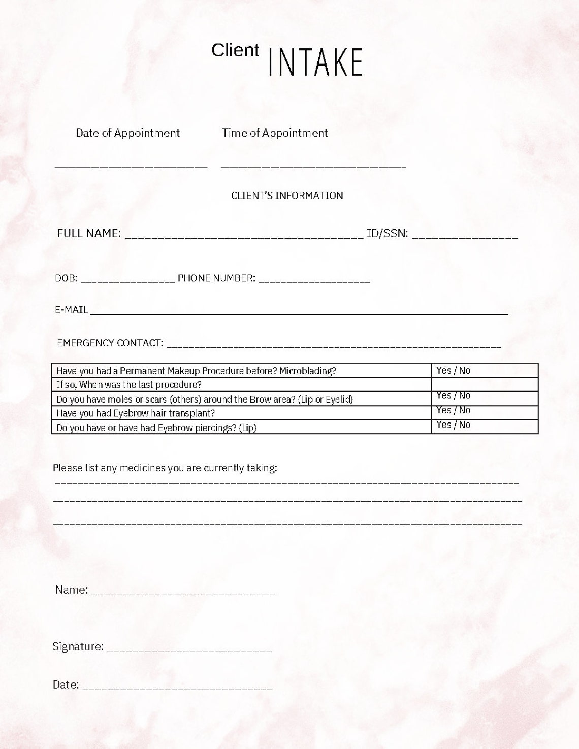 PMU Client Intake Form Permanent Makeup Client Record Information ...