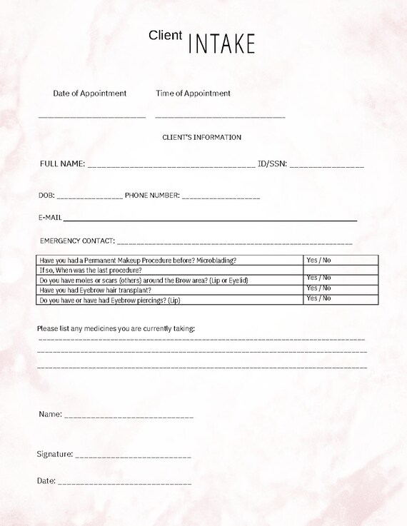 PMU Client Intake Form Permanent Makeup Client Record | Etsy