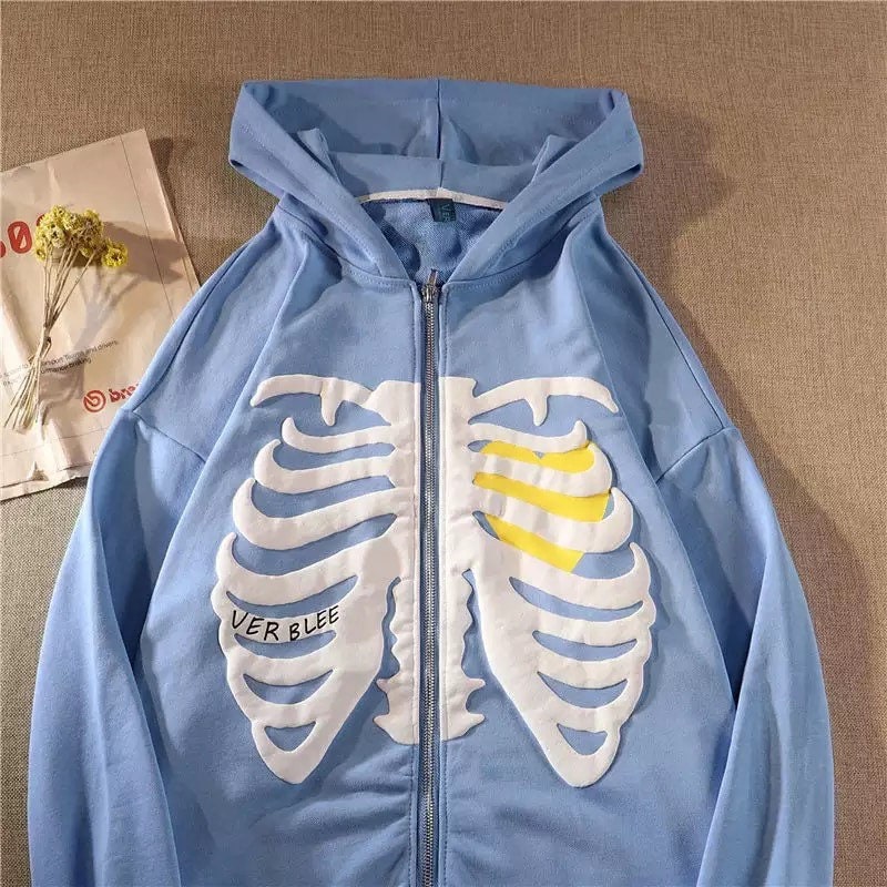 Y2k Full Zip Up Hoodie Skeleton Hoodie Sweatshirt Skeleton Etsy