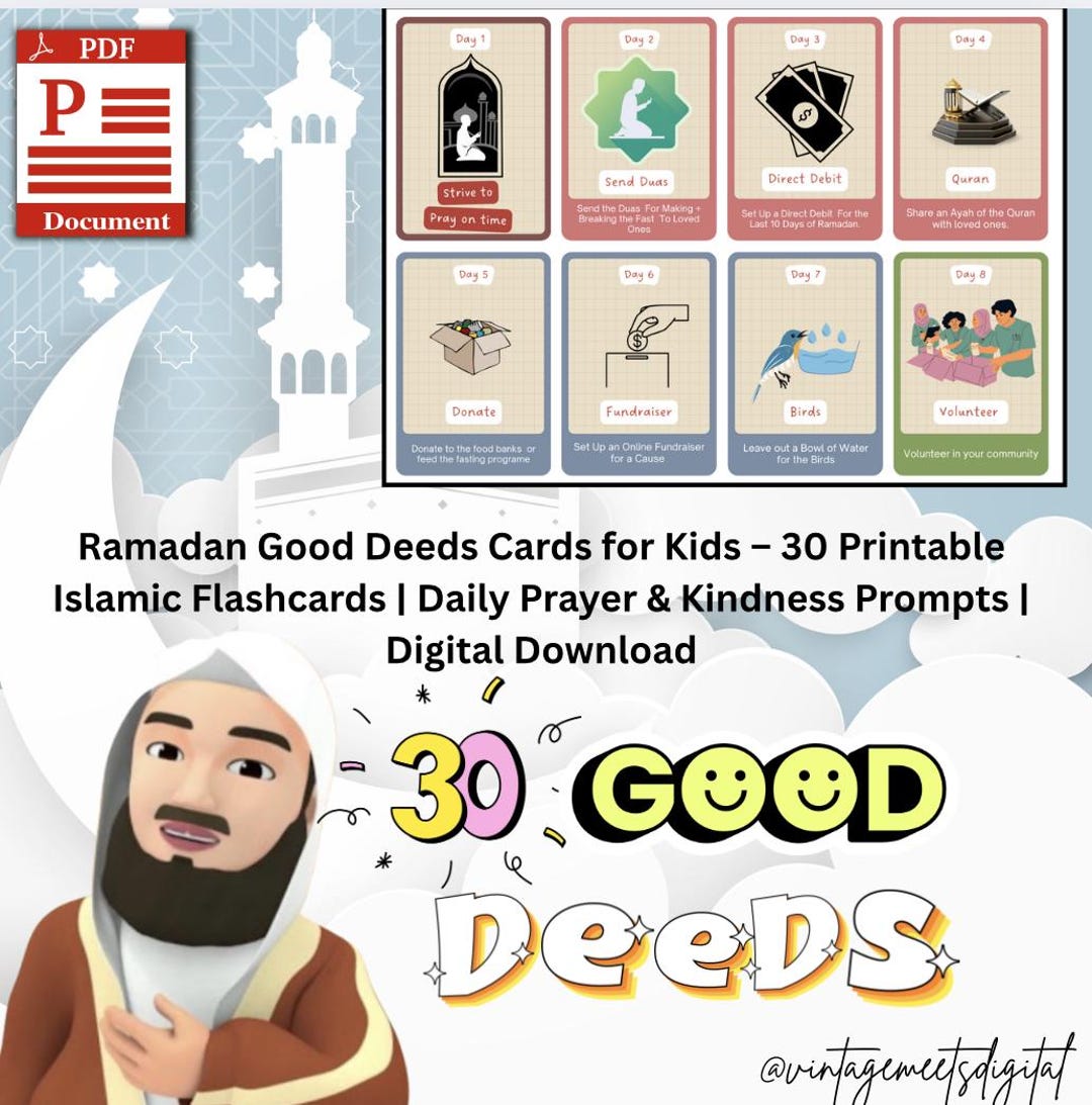 Ramadan Good Deeds Cards for Kids: 30 Islamic Flashcards (digital ...