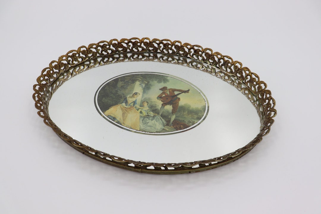 Vintage Rococo Themed Mirrored Vanity Tray With Gold Oval Border - Etsy