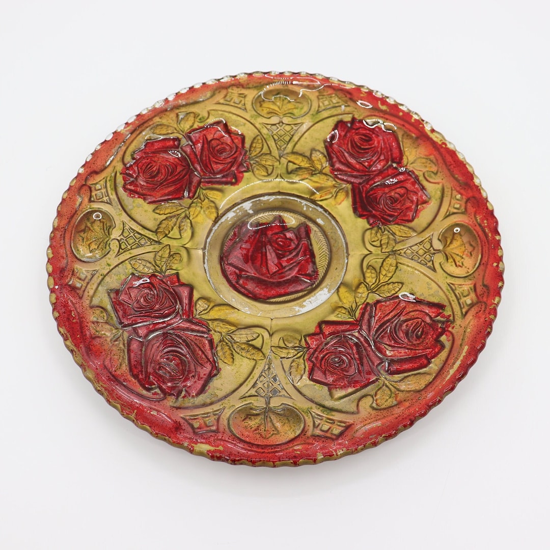 Vintage 11" Goofus Glass Plate - Red Gold Reverse Painted Decorative ...