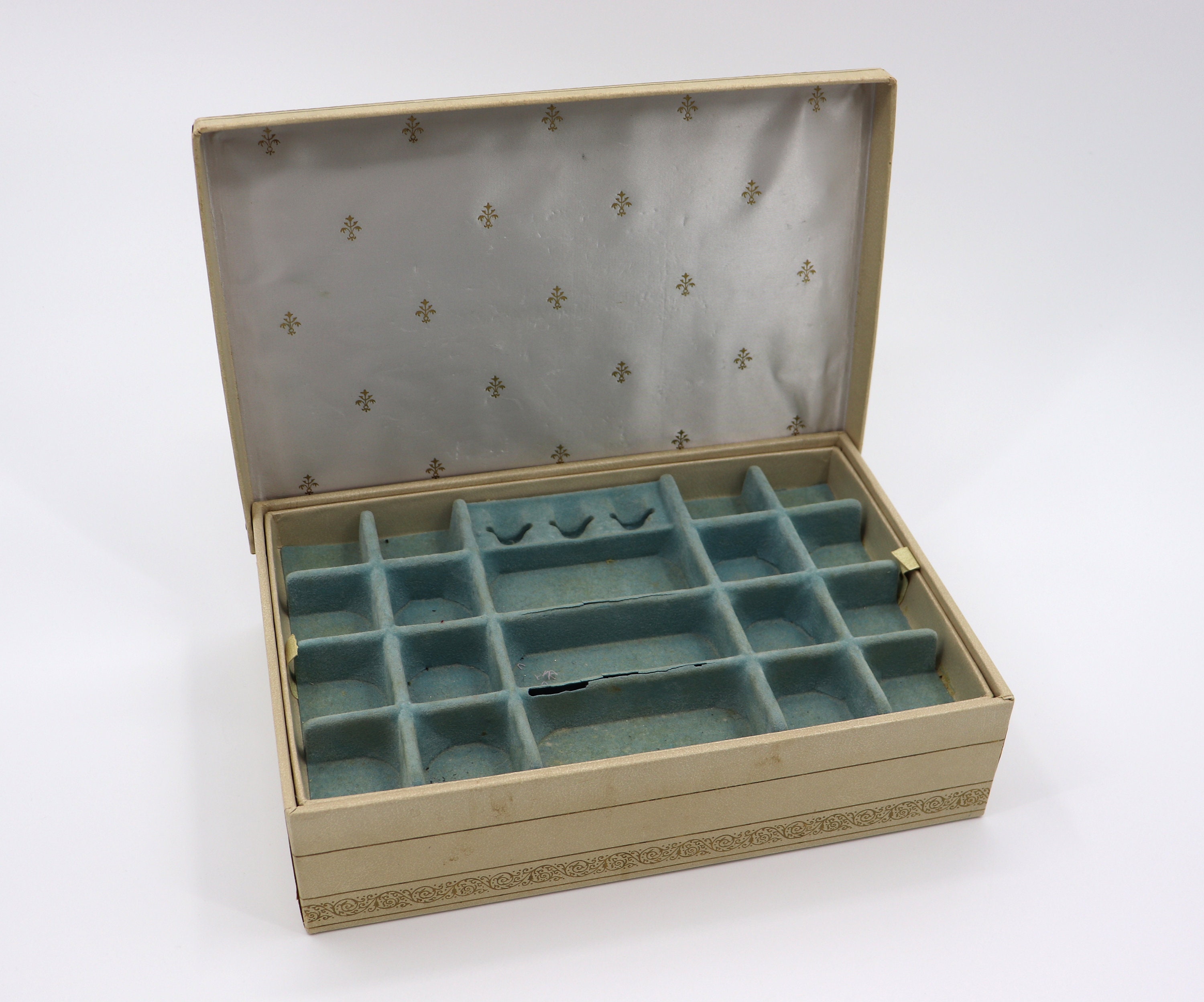 Antique Vintage Cream Colored Jewelry Box With Blue Interior - Multiple ...