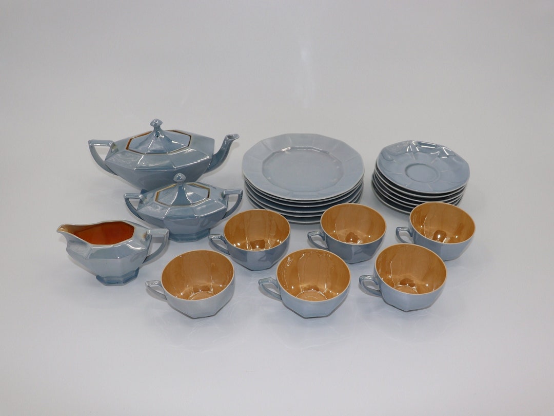 Vintage Victoria Czechoslovakia Blue and Orange Dish Lustre Tea Set - 6 ...