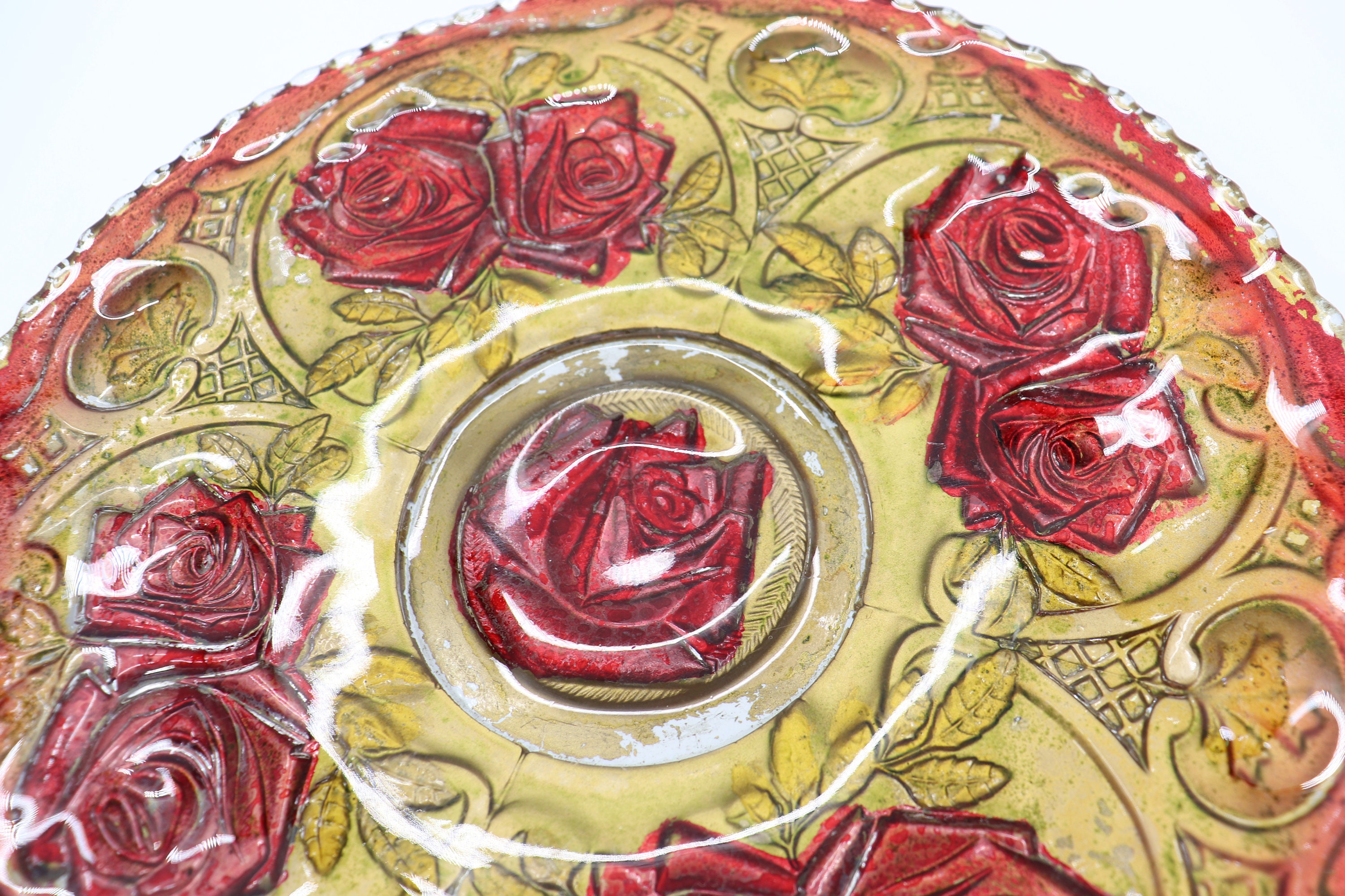 Vintage 11" Goofus Glass Plate - Red Gold Reverse Painted Decorative ...