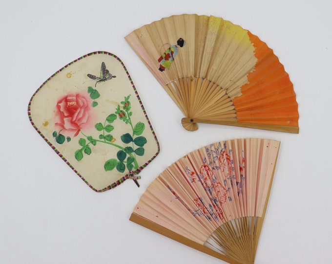Vintage Handheld Fan Lot of 3 Asian Pink, Orange and White Floral Hand ...