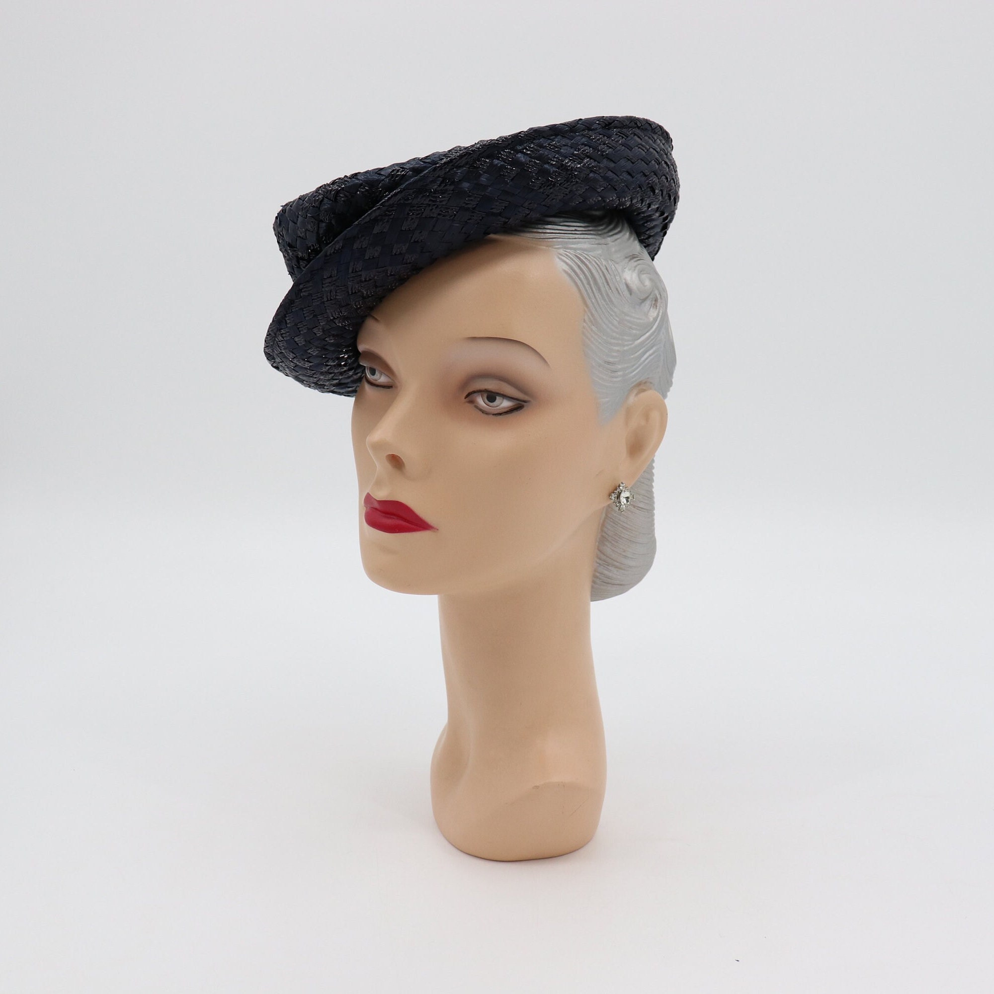 Vintage Navy Blue Tilt Hat With Bow 1940s 1950s Straw Tilted Cap Union ...
