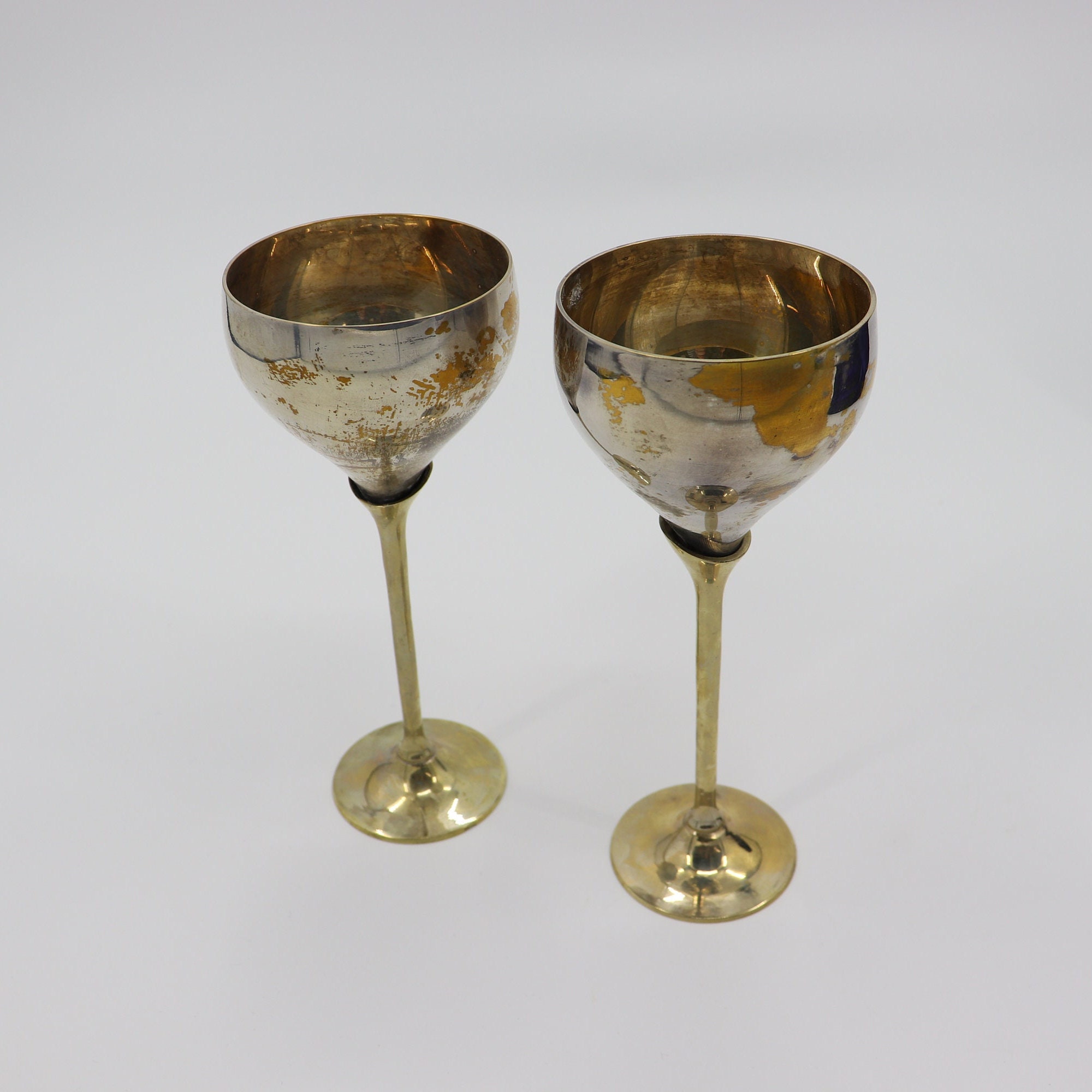 Set of Two Vintage Brass Metal Wine Goblets in Velvet Case - Made in ...