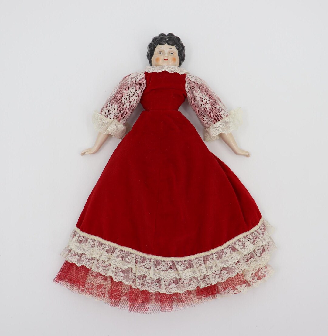Antique Vintage Cloth Body Doll W/ Glass Head, Arms, Legs, Red Dress ...
