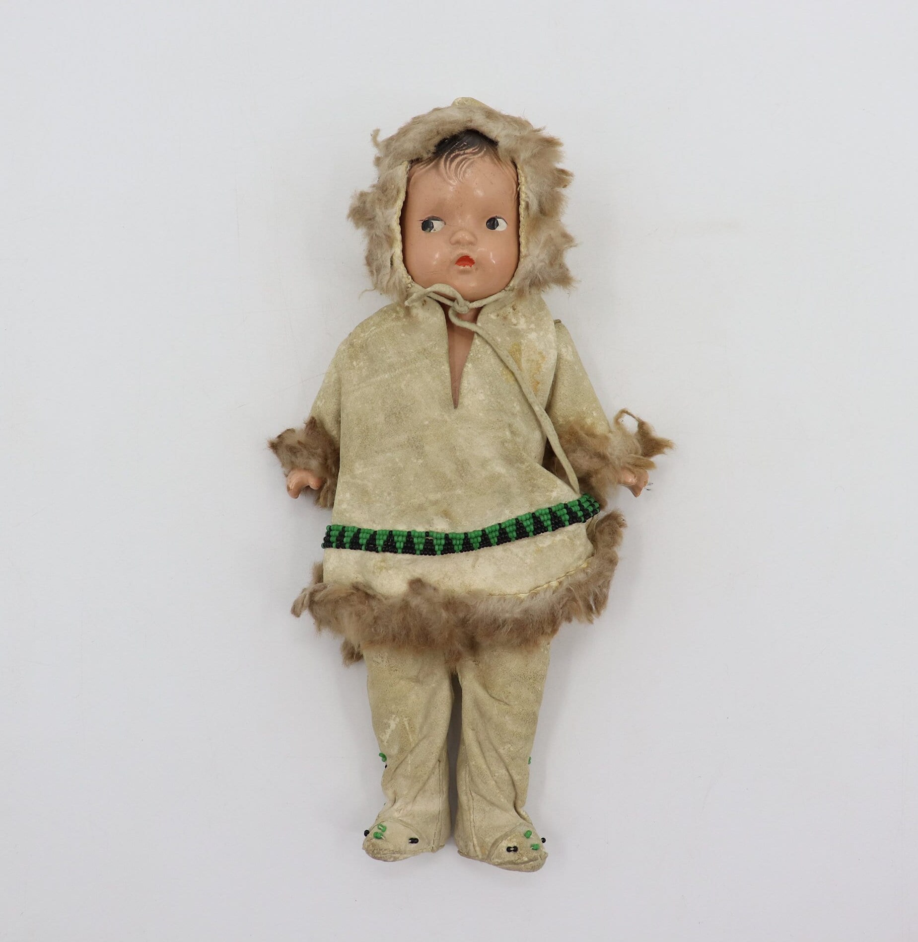 Antique Vintage Male Doll With Real Leather & Beaded Outfit - Early ...