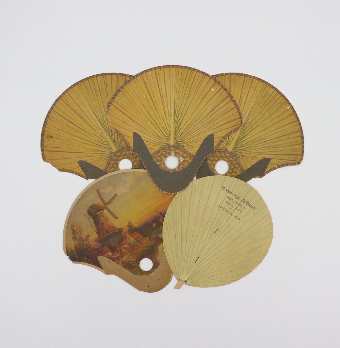 Vintage Funeral Fan Lot of 5 - Mortuary Handheld Paper Fans - Landscape ...
