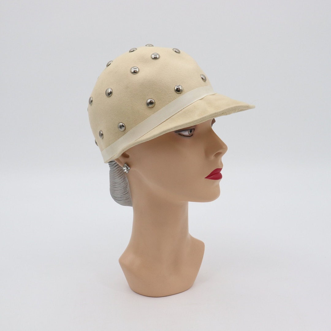 Vintage Mr Charles Mod Cream Colored Hat With Metal Studs - Doeskin ...