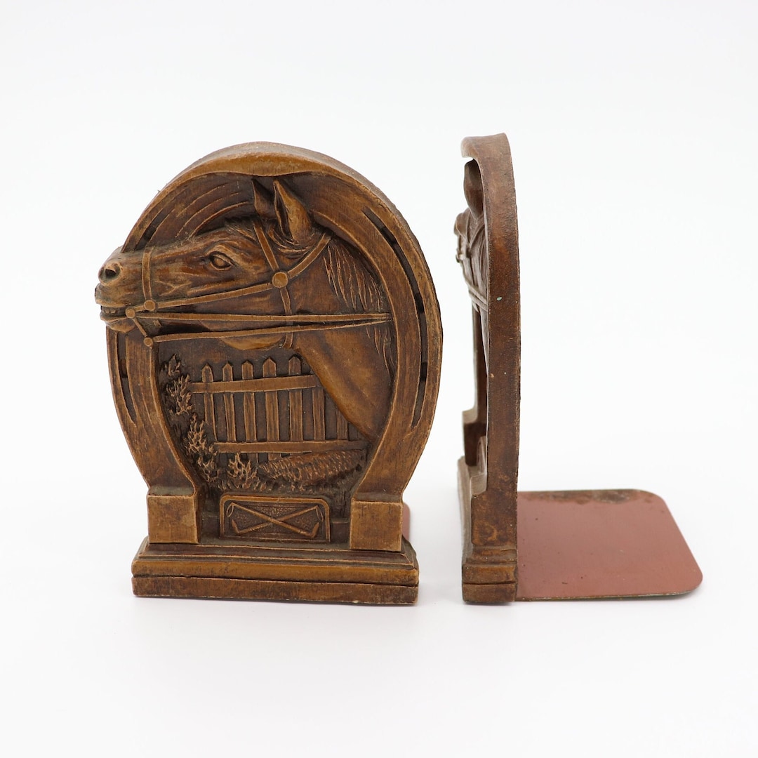 Vintage Western Wooden Horse Head & Horseshoe Bookends -brown Bookshelf ...