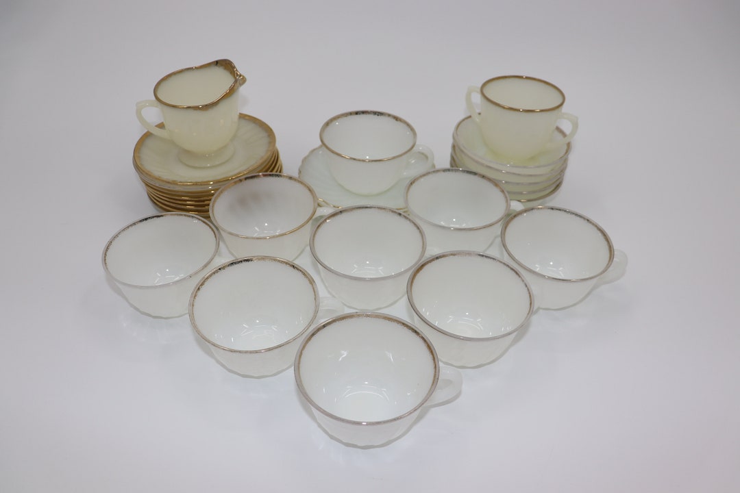Fire King Tea Set With 9 Teacups, Saucer Plates, Small Bowls, Cream and ...