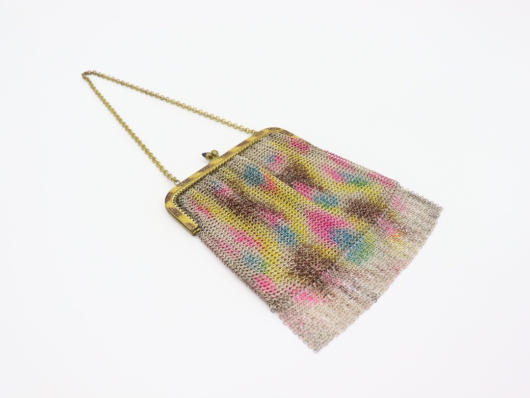 Vintage Mesh Bag With Gold and Brown Frame and Pink, Blue, Yellow Brown ...
