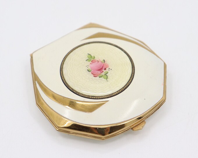 Vintage Art Deco Elgin American Mirrored Compact - Gold, White & Floral ...
